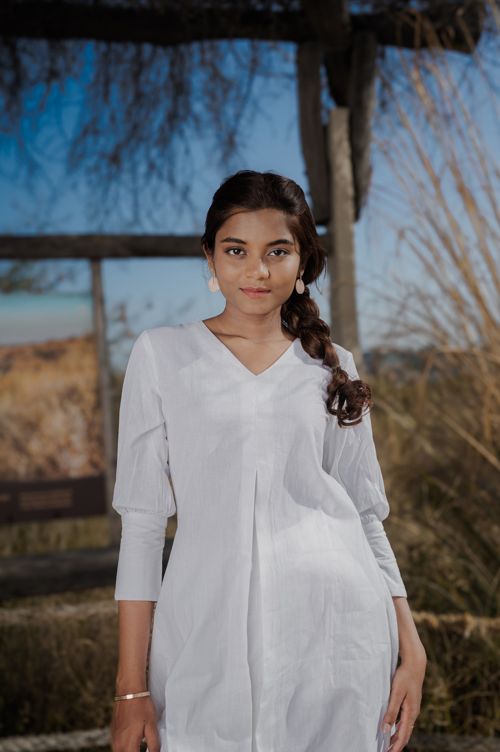 White V Neck Cotton Flex A - Line Kurta – Disha Dakshin