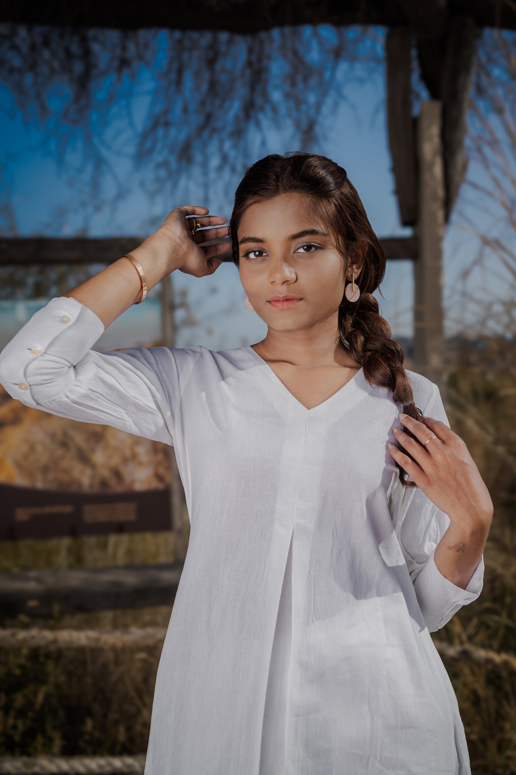 White V Neck Cotton Flex A - Line Kurta – Disha Dakshin