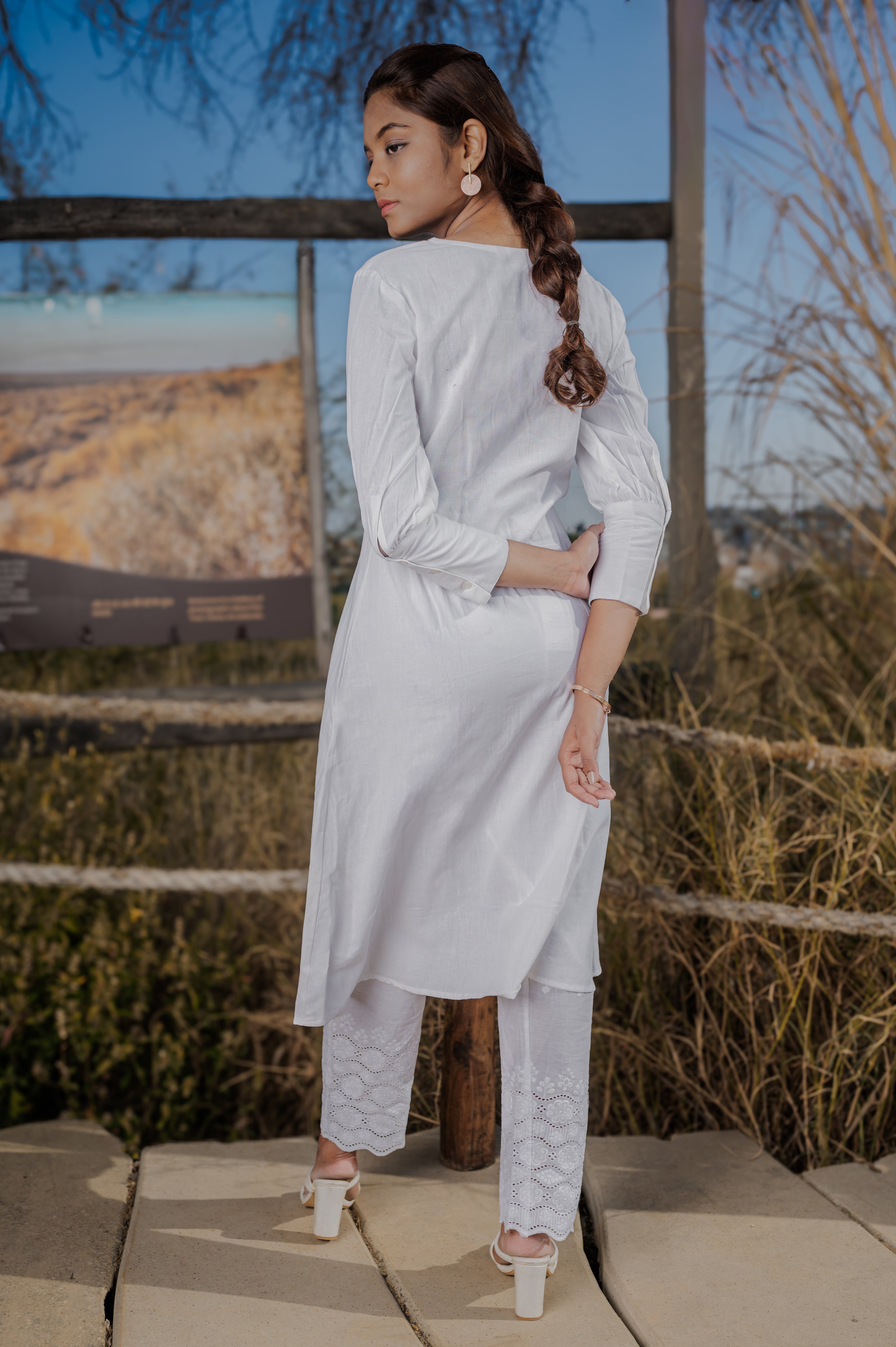 White V Neck Cotton Flex A - Line Kurta – Disha Dakshin